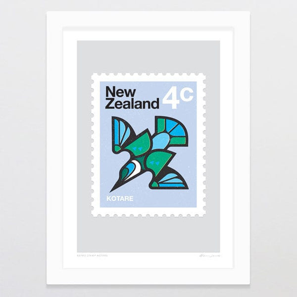 Retro Stamp Kotare Art Print by NZ Artist Glenn - Glenn Jones Art